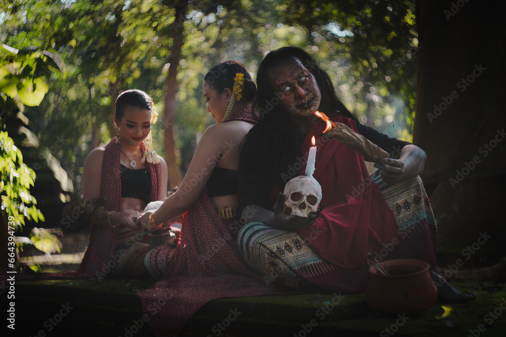 Halloween Ghost and the Devil show pretty Asian women wearing an ...