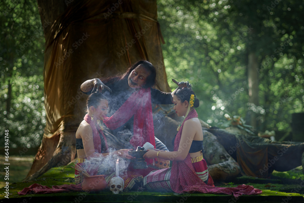 Halloween Ghost and the Devil show pretty Asian women wearing an ...