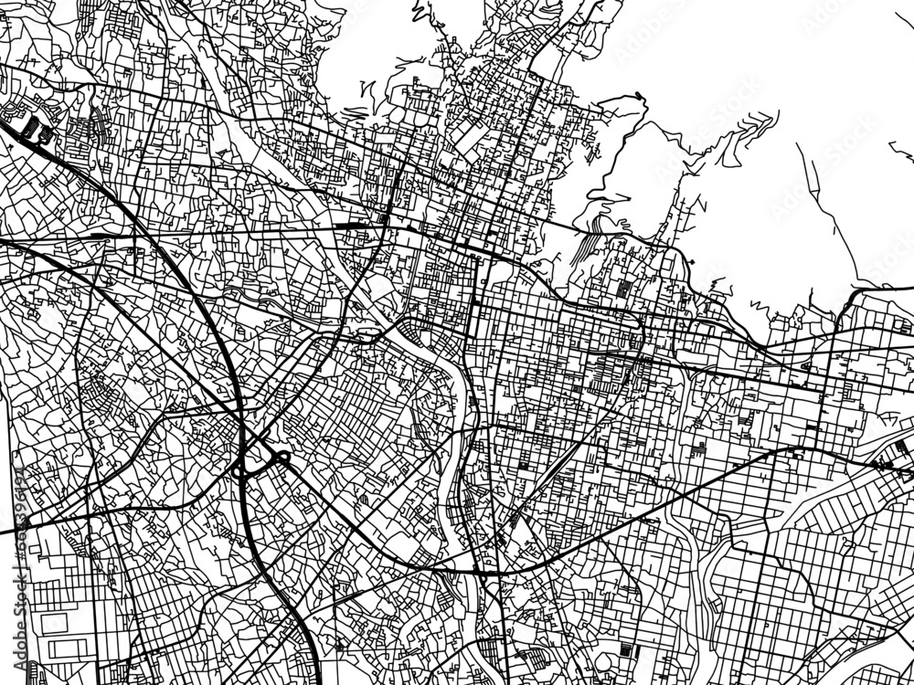 Vector road map of the city of Kofu in Japan with black roads on a ...