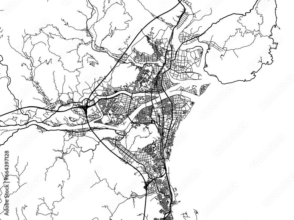 Vector road map of the city of Nobeoka in Japan with black roads on a ...