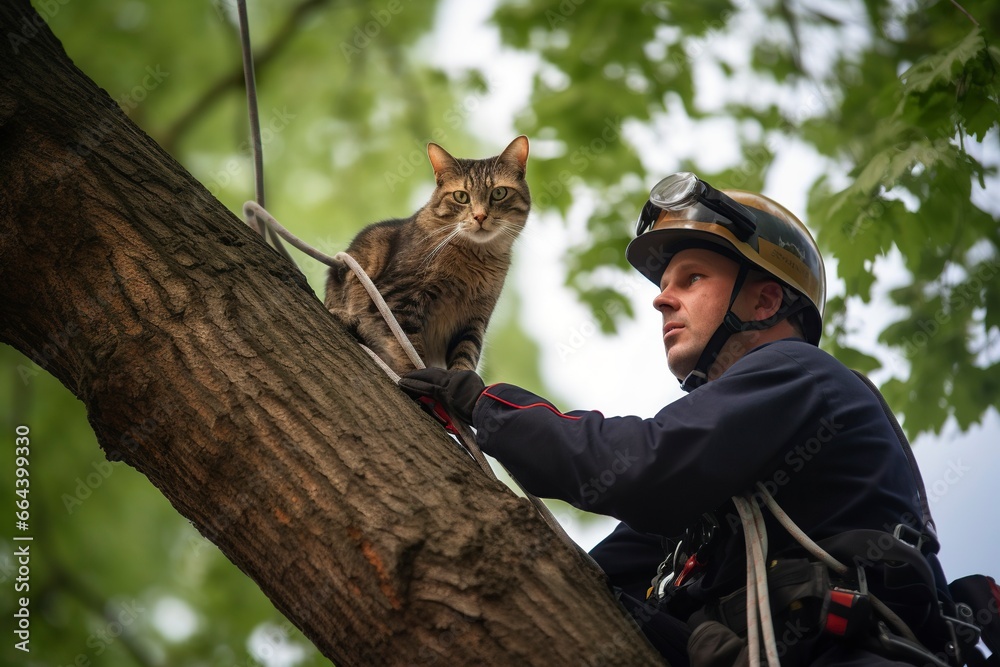 Firefighter saves cat from tree.AI Generated Stock Photo | Adobe Stock