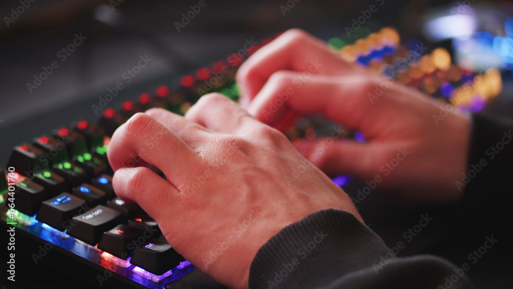 Male hands is typing on the computer keyboard, close up view. Man ...