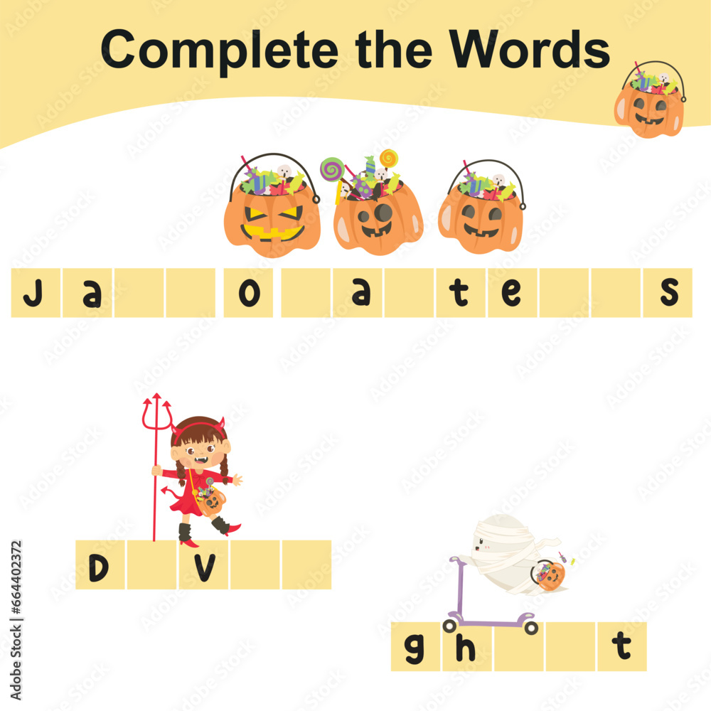 Complete the words worksheet with Halloween festival theme. Write the ...