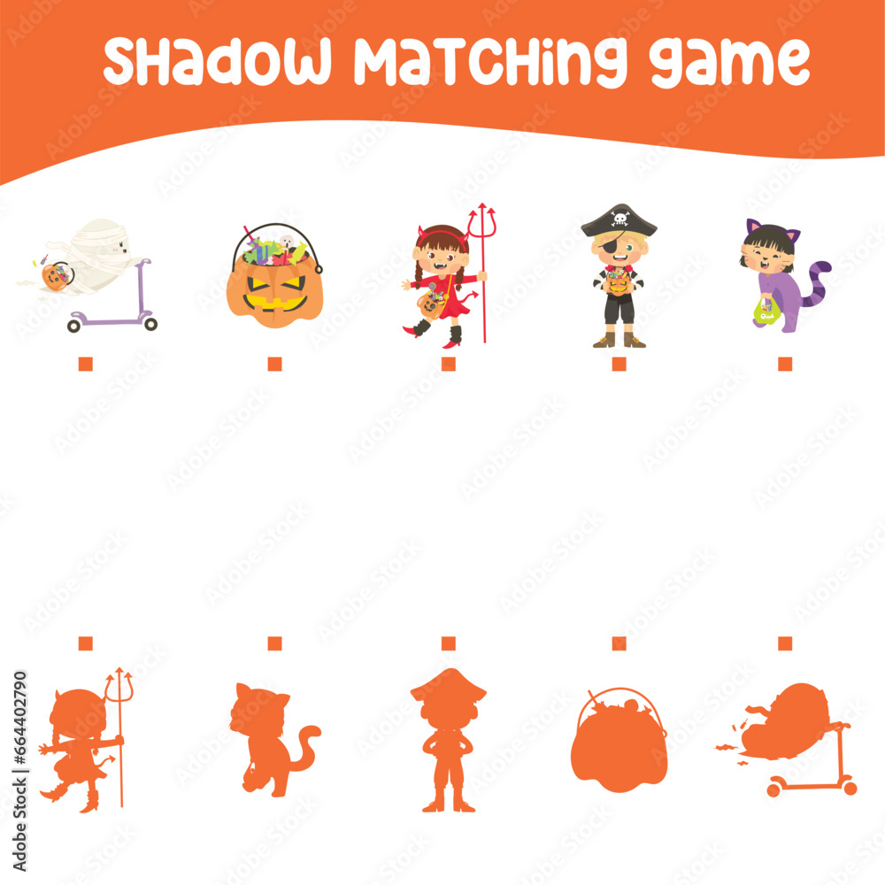 Matching shadows game for kids with cute kids in Halloween costume ...