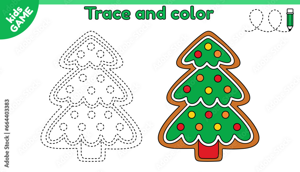 Kids game. Trace and color. Connect dotted lines and draw a gingerbread ...