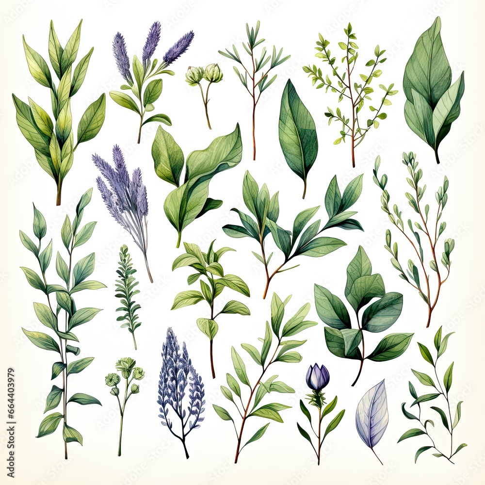 Collection of watercolor herbs clipart on white background. Stock ...