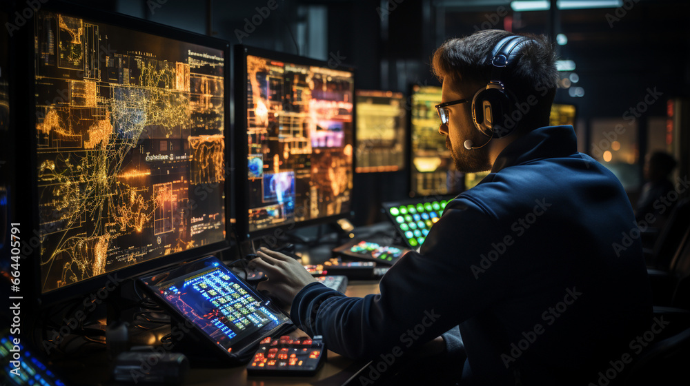A modern mine's control room, filled with computer screens and ...