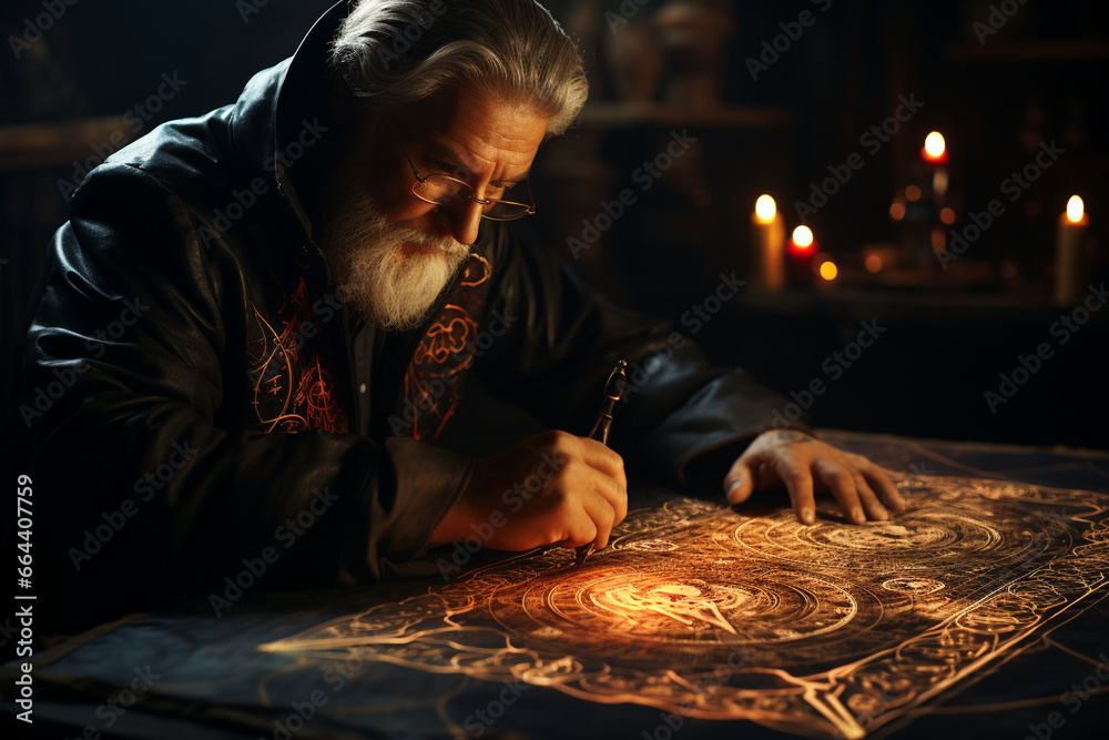 A sorcerer drawing symbols of protection on a parchment scroll ...