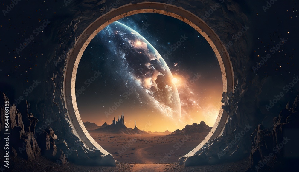 Portal to another world. Futuristic cosmic landscape with circle tunnel ...