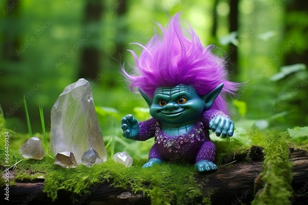 Tale troll with crystals in the forest, natural green background. Stock ...