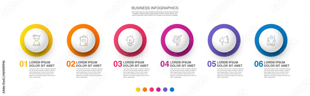 Timeline vector infographic design with six icons and circles. Circular infographics for ...