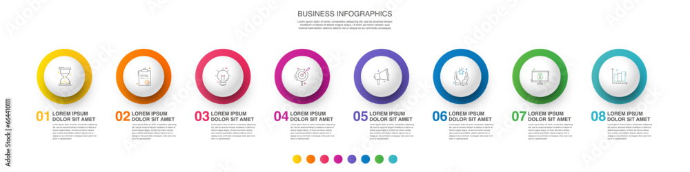 Timeline vector infographic design with eight icons and circles. Circular infographics for ...