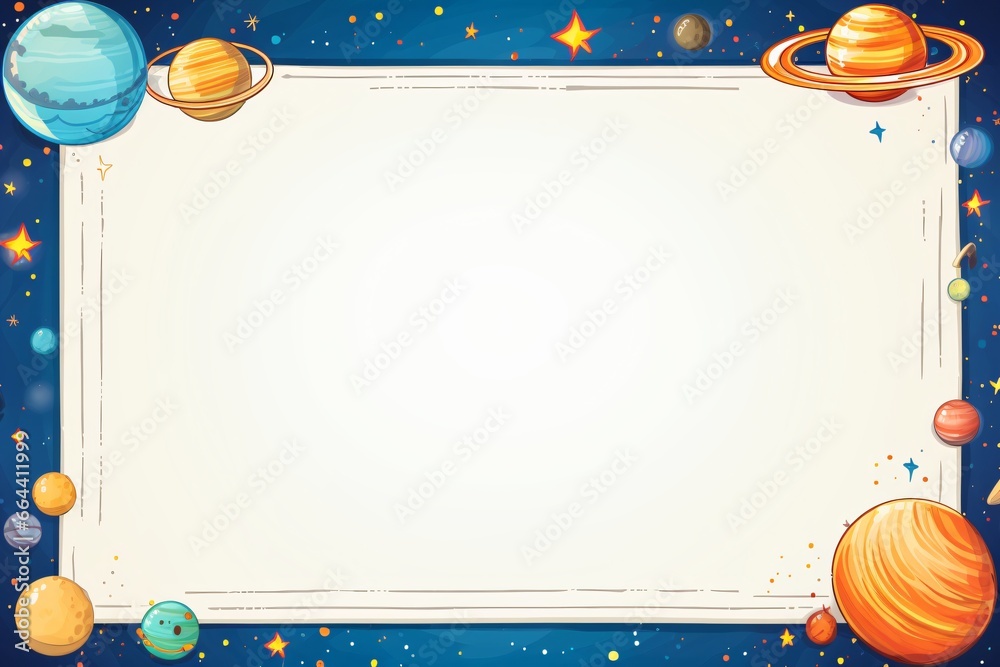 Space and cosmology theme greeting card design with frame and borders ...