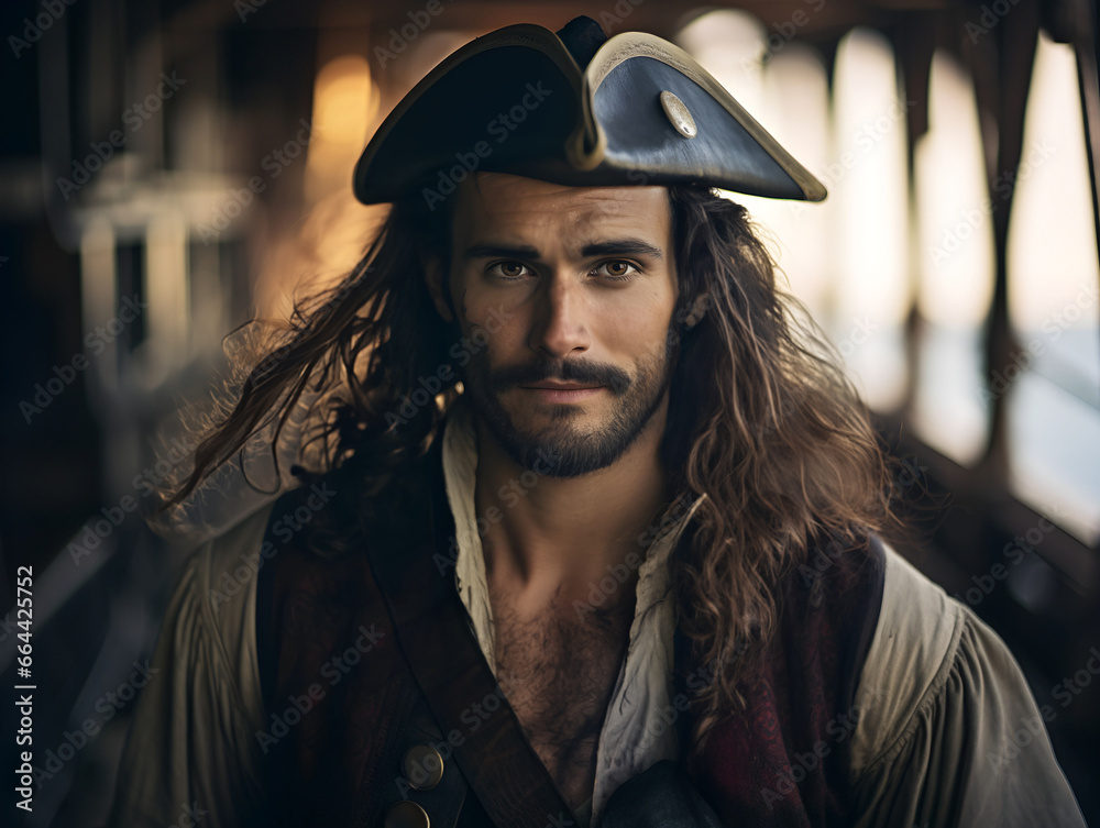 Foto de Pirate on the deck of a ship, man dressed-up as a pirate for a ...