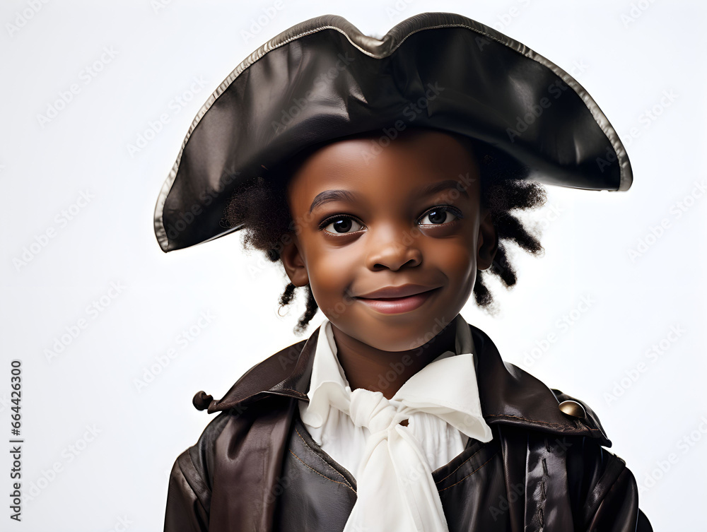 studio portrait of a young black boy dressed as a pirate with a pirate ...