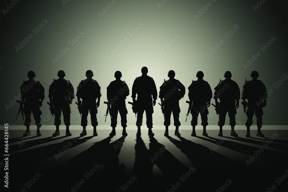 Minimalist side silhouette depicts the shadow of disciplined army ...