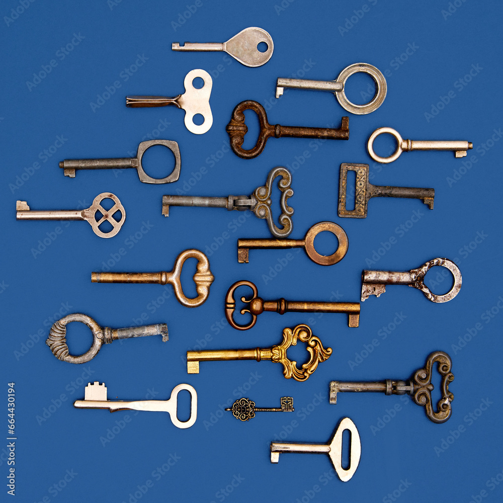 Top view photo of keys. Decorative, vintage, antique keys for clocks ...