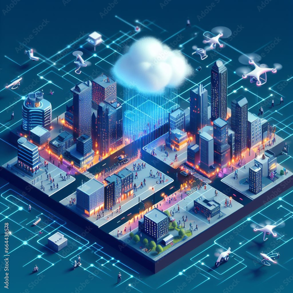 15 minute city isometric map, people, transport, security, cameras ...