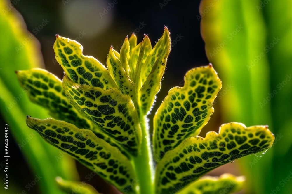 A detailed view of a plant's structure with vibrant green and yellow ...