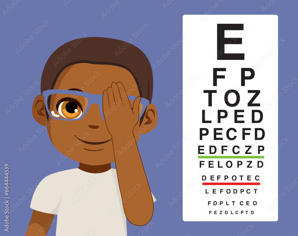 Little boy Passing an Ophthalmological Examination covering his eye ...