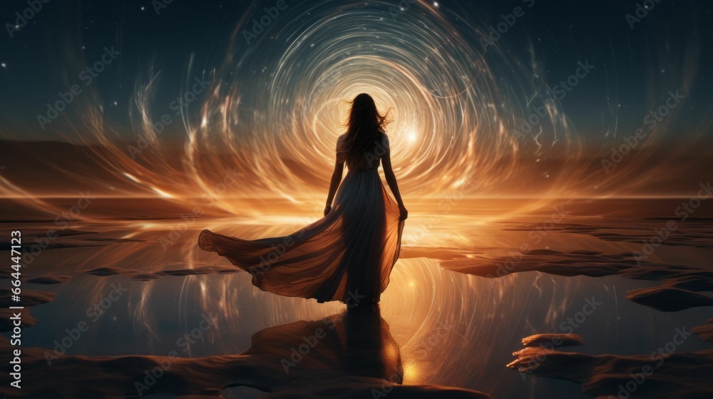 AI generated illustration of a woman in a dress walking into a golden ...