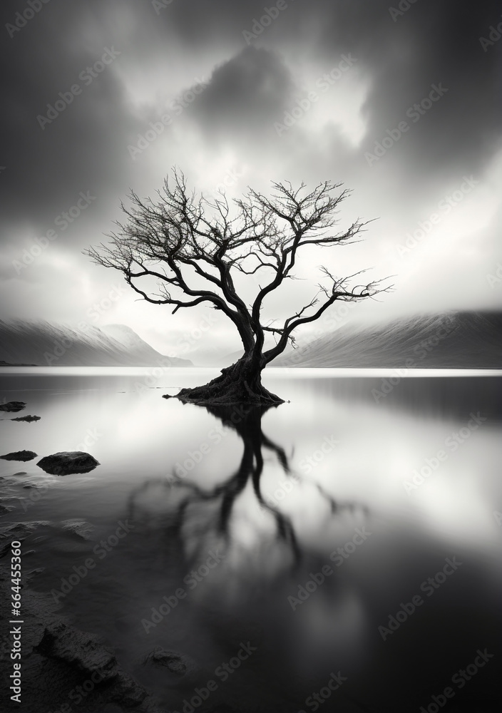 Solitary Tree Amidst Calm Waters & Moody Sky - A Symbol of Timeless ...