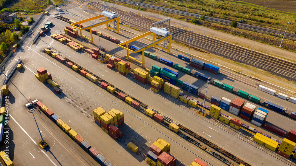 Aerial view of an industrial freight yard. Modena, Italy - October ...