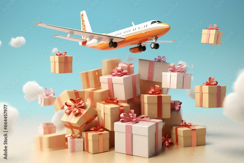 Receipt of gifts by recipients. Flying gift boxes on airplanes. 3D ...