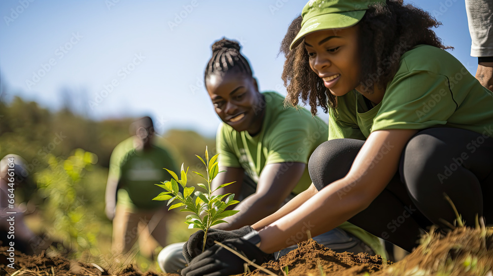 passionate activists planting trees in a reforestation project ...