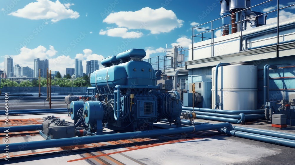 3d rendering of water pump station on rooftop factory. Include ...