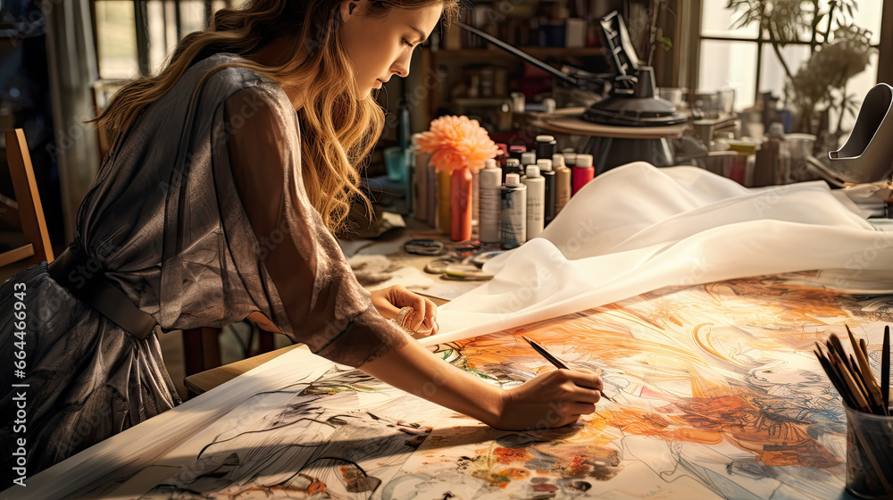 a visionary fashion designer sketching intricate patterns for a high ...