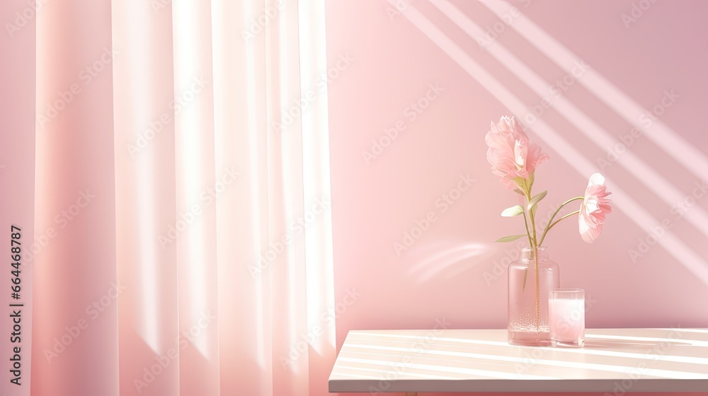 Realistic 3D render of an empty shiny light pink side table in front of ...