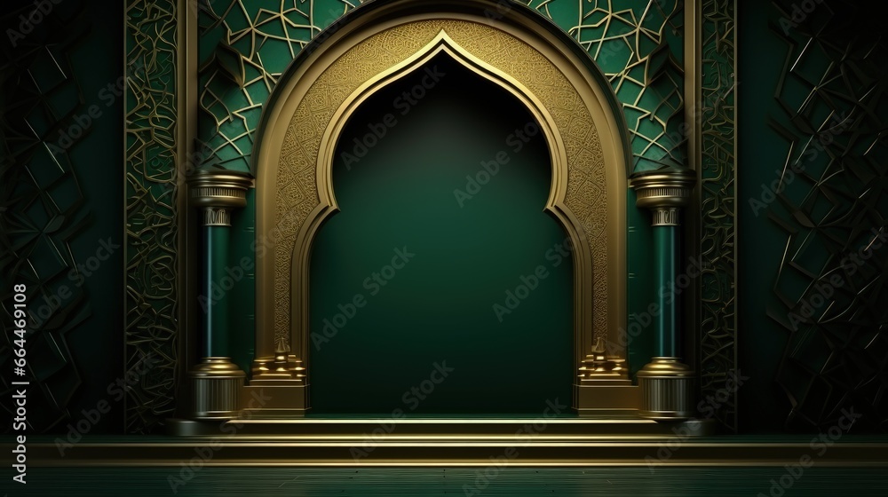 Arabic Islamic Arch Green and Golden Luxury Ornamental Background with ...