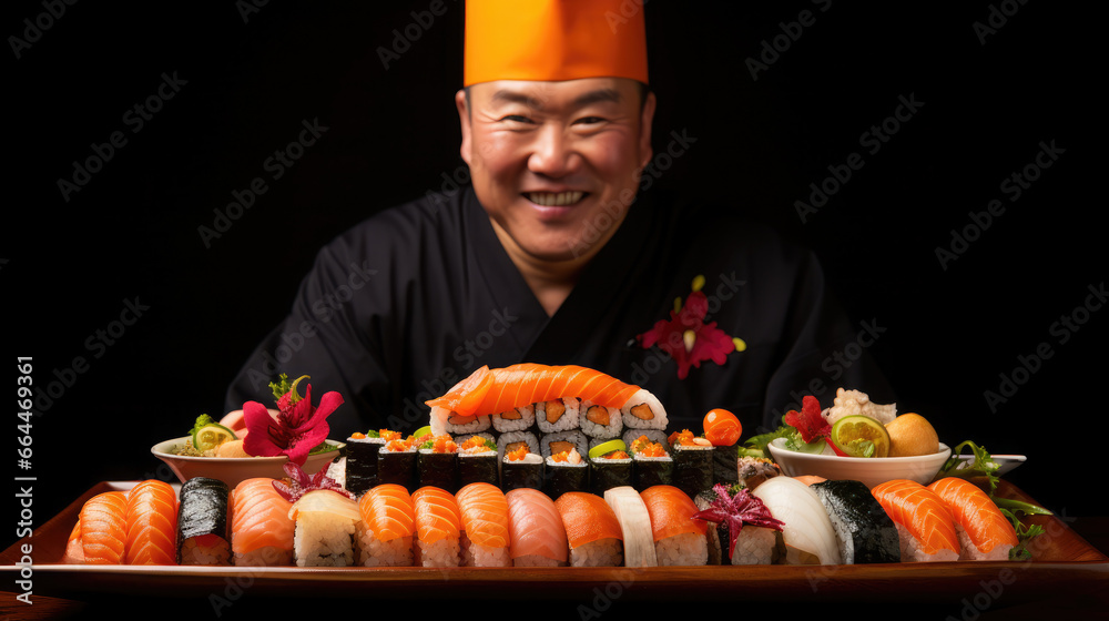 a master sushi chef proudly presenting a beautifully plated assortment ...