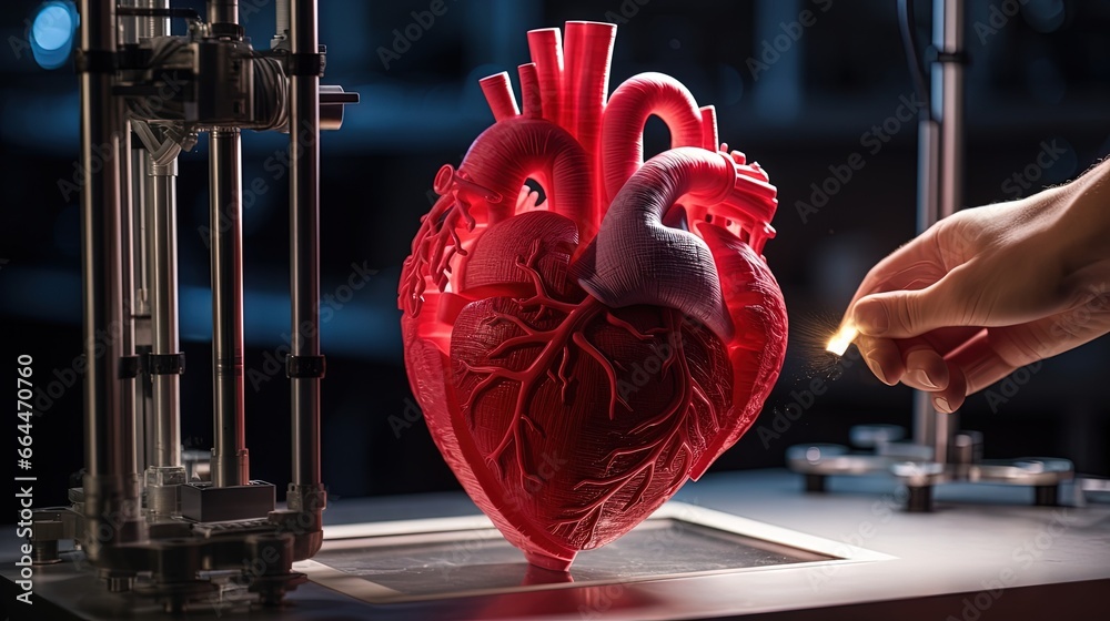 3d printer prints the model of heart, process of printing organs on a ...