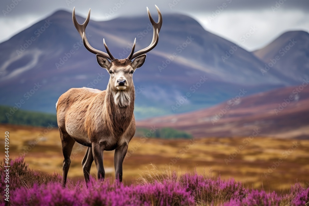 Red stag standing on a hilltop overlooking a beautiful summer landscape ...