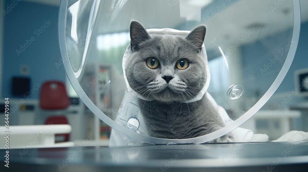 Scottish straight gray cat in veterinary plastic cone on head at ...