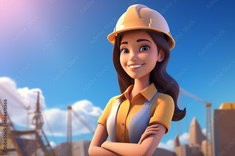 portrait of smiling brunette female engineer on site wearing hard hat ...