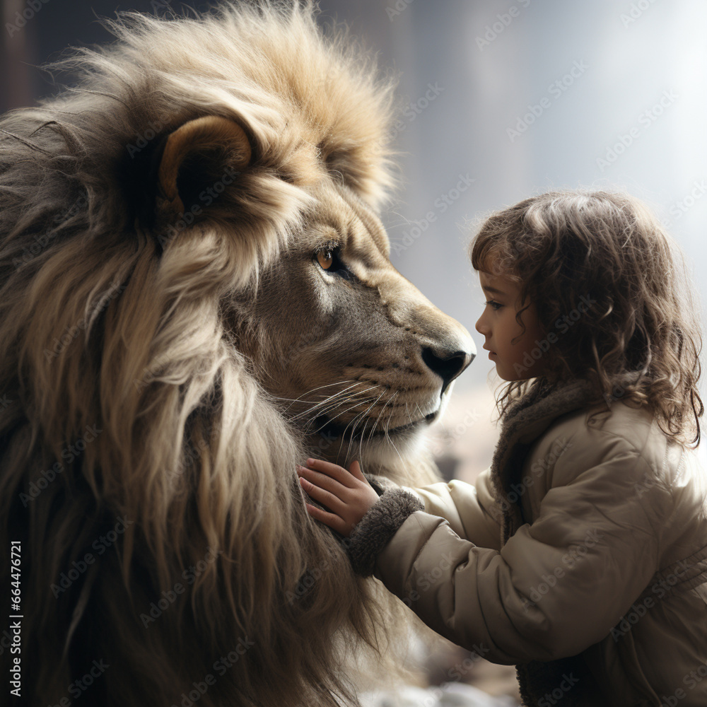 Profile of a fearless Child gently touching the face of a peacfull very ...