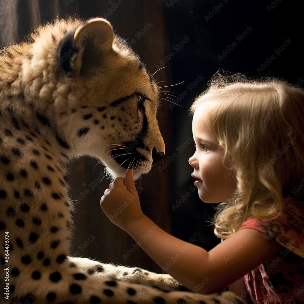 Profile of a fearless Child gently touching the face of a peacfull very ...