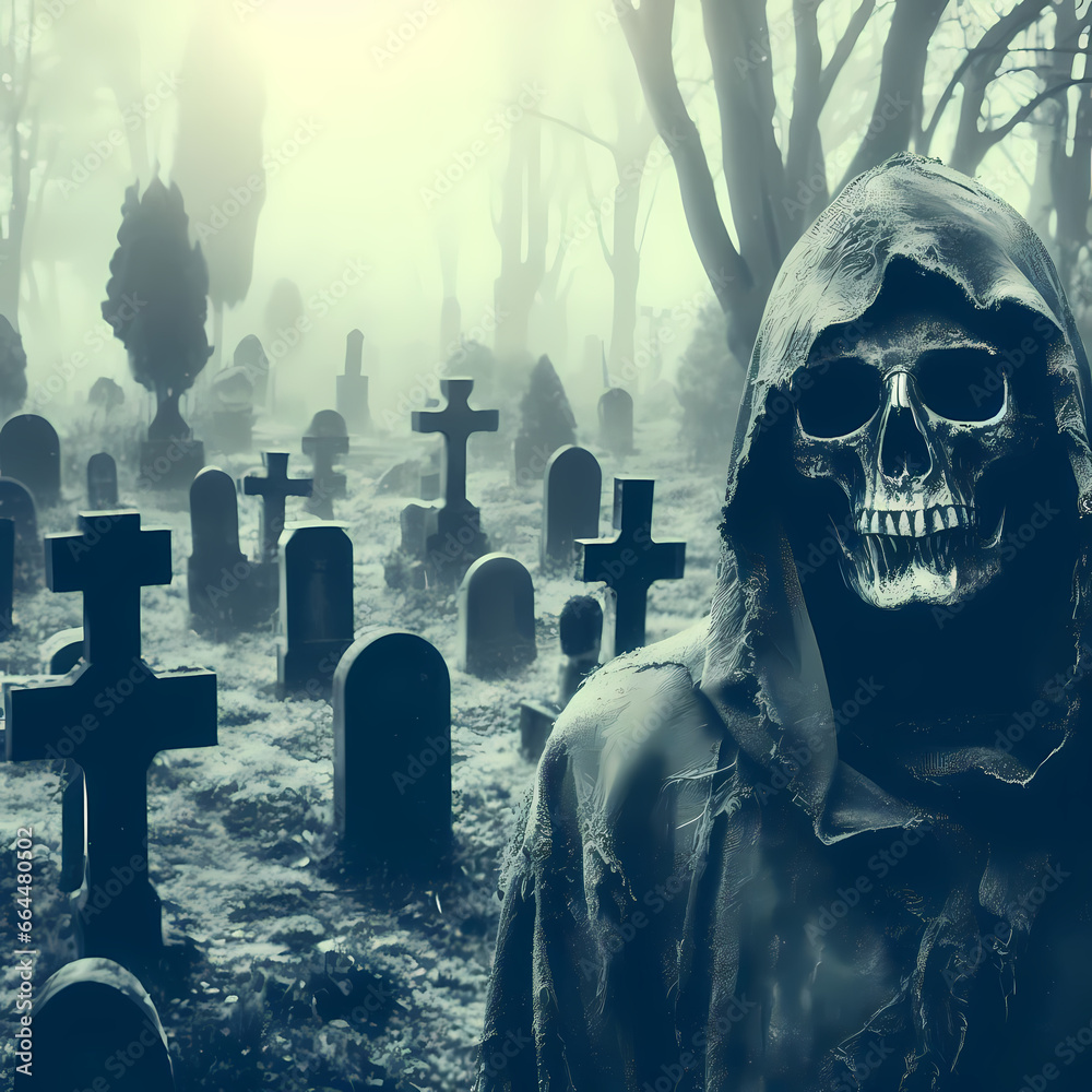 Hunted Graveyard Eerie Skeletal A Skeletal Figure With A Ghostly Face ...