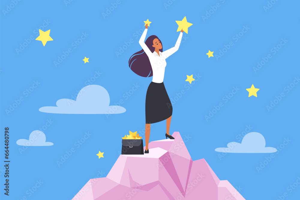 Success and victory, goal achievement and businesswoman career vector ...