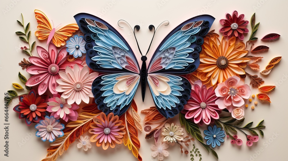 paper quill butterfly with 3D paper craft style and flowers.Butterfly ...