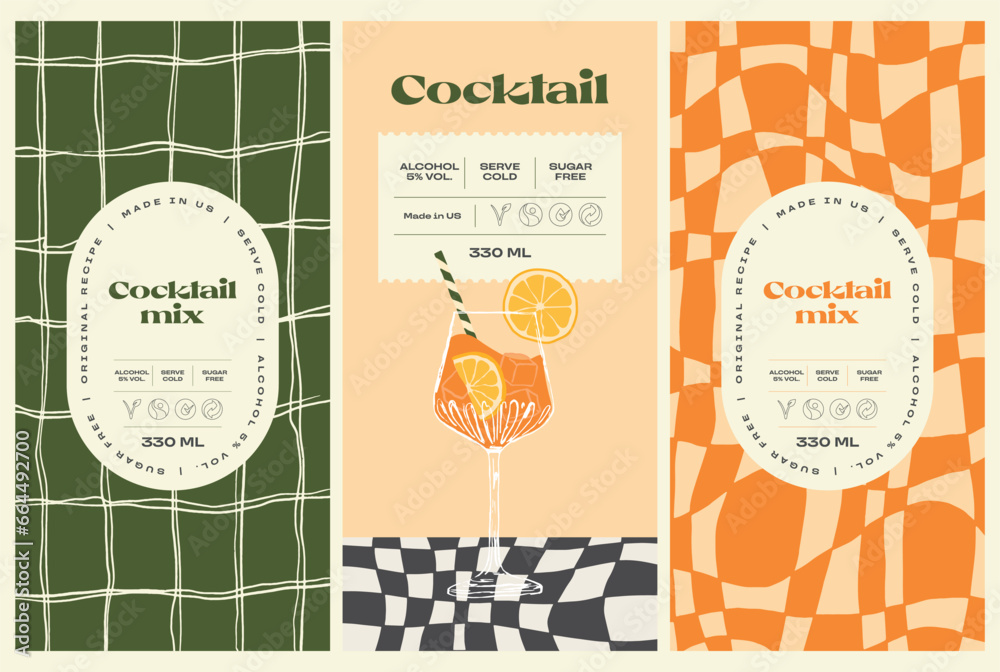 Vector hand drawn cocktail packaging label design template set for cafe ...