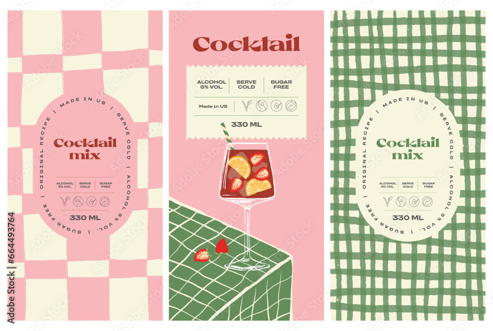 Vector hand drawn cocktail packaging label design template set for cafe ...