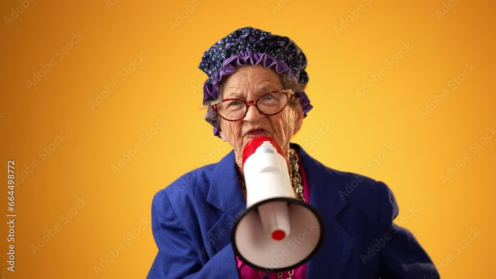 Portrait of funny toothless old elderly senior crazy grandmother woman ...