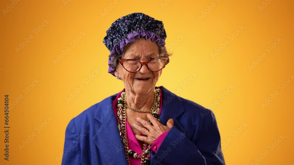 Angry, scared elderly senior old funny crazy woman with wrinkled skin ...