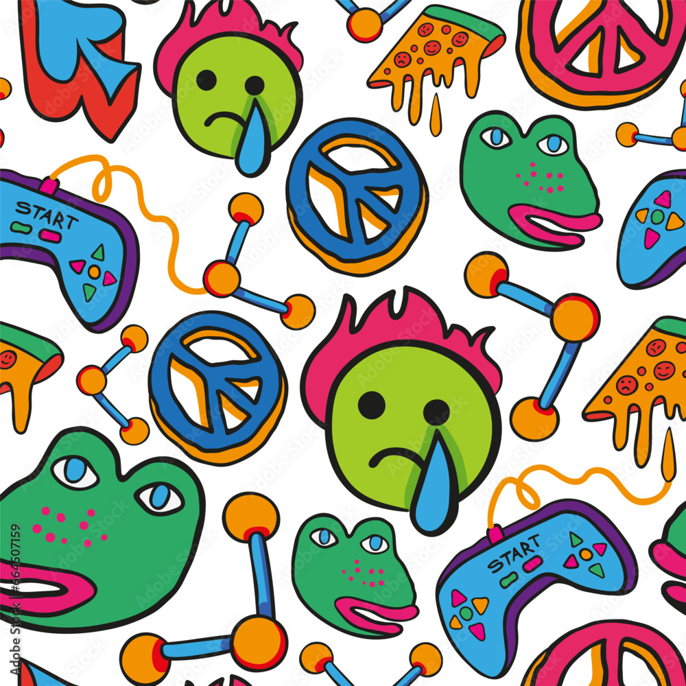 Vecteur Stock frog, pacific, sad smiley, joystick, pizza, geometry in ...