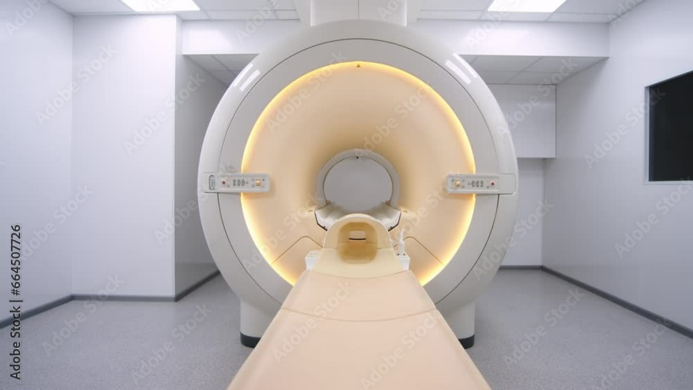 MRI scanner room. Turning on the magnetic resonance imaging machine ...