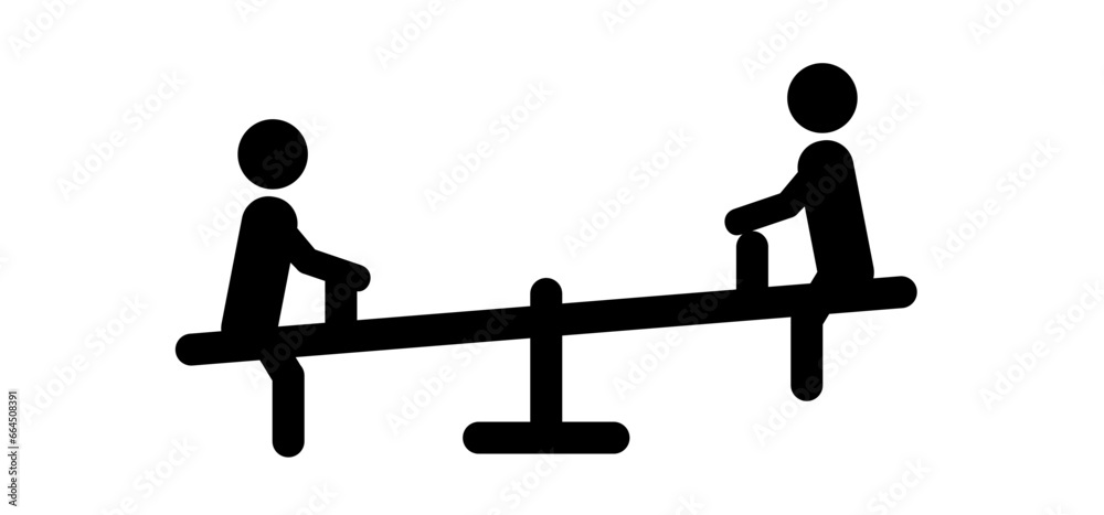 Cartoon stick figures man sitting on seesaw. Teetertotter or swing sign ...